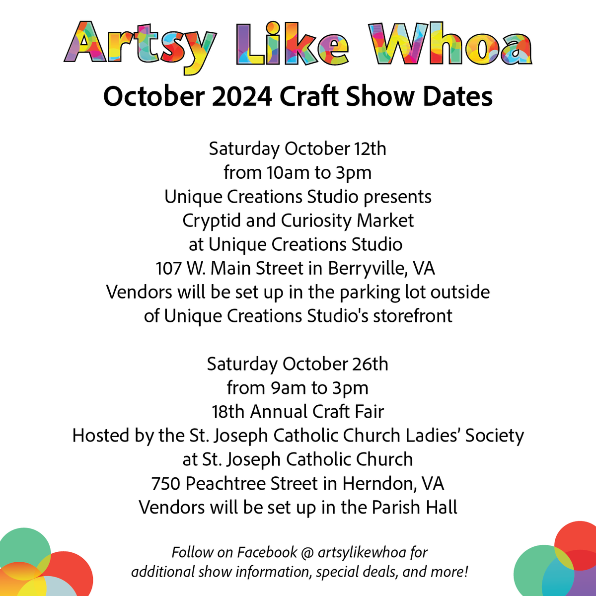 October 2024 Craft Show Dates – Artsy Like Whoa